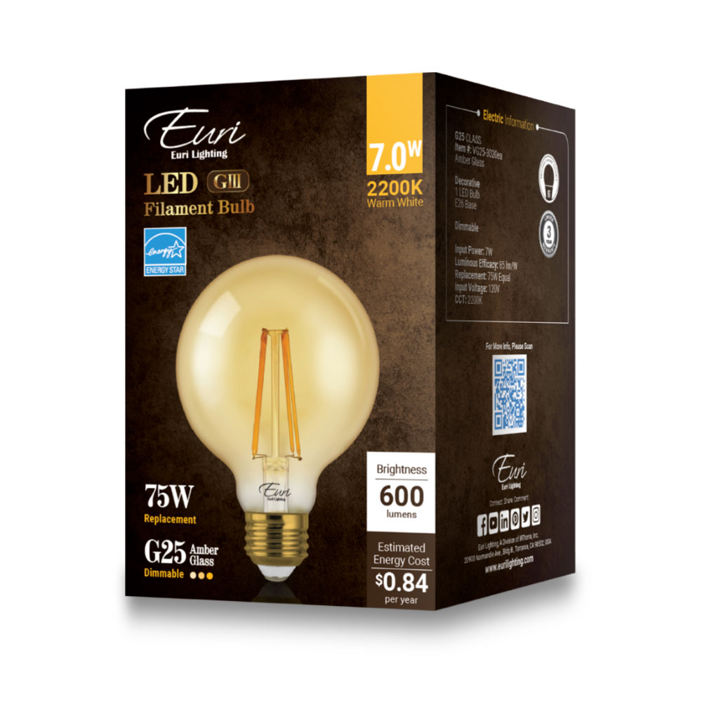 Euri Lighting VG25-3020ea 7 Watt G25 Globe Amber Filament LED 2200K 12 ...